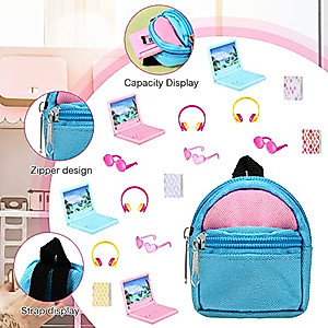 20 Pieces Doll Backpack Set Dollhouse School Accessories Doll Travel Supplies Include Mini Laptop Scene Simulation Backpack Bag with Zipper Mini Headsets Toy Sunglasses Book for 1/12 1/6 Scale