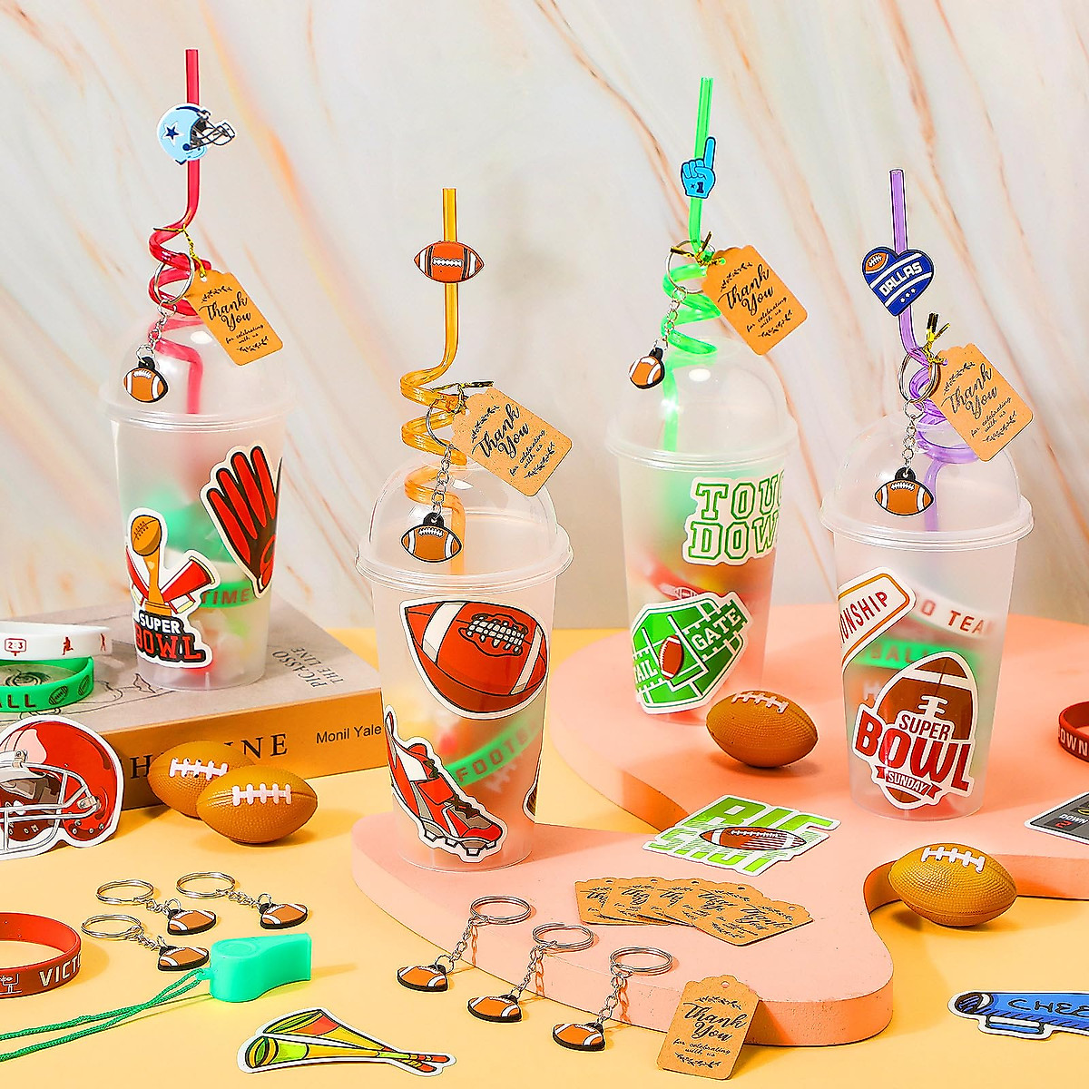 Weysat 268 Pcs Football Party Favors Sets for 24 People Birthday Gifts Goody Cups with Straws Key Chains Whistles Silicone Wristbands Stickers Thank You Tags for Party Supplies (Football)