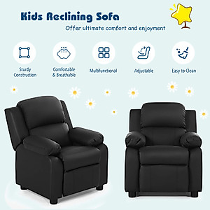 GLACER Kids Recliner, Toddler Furniture Children Armrest Sofa Chair W/Front Footrest, Flip-up Storage Arms, Padded Backrest, Adjustable Kids Recliner Couch for Girls Boys (Black)