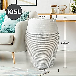 Goodpick Laundry Hamper | Woven Cotton Rope Dirty Clothes Hamper Tall kids Curve Laundry Basket Large, (White, 25.6 x 17.71 Inch)