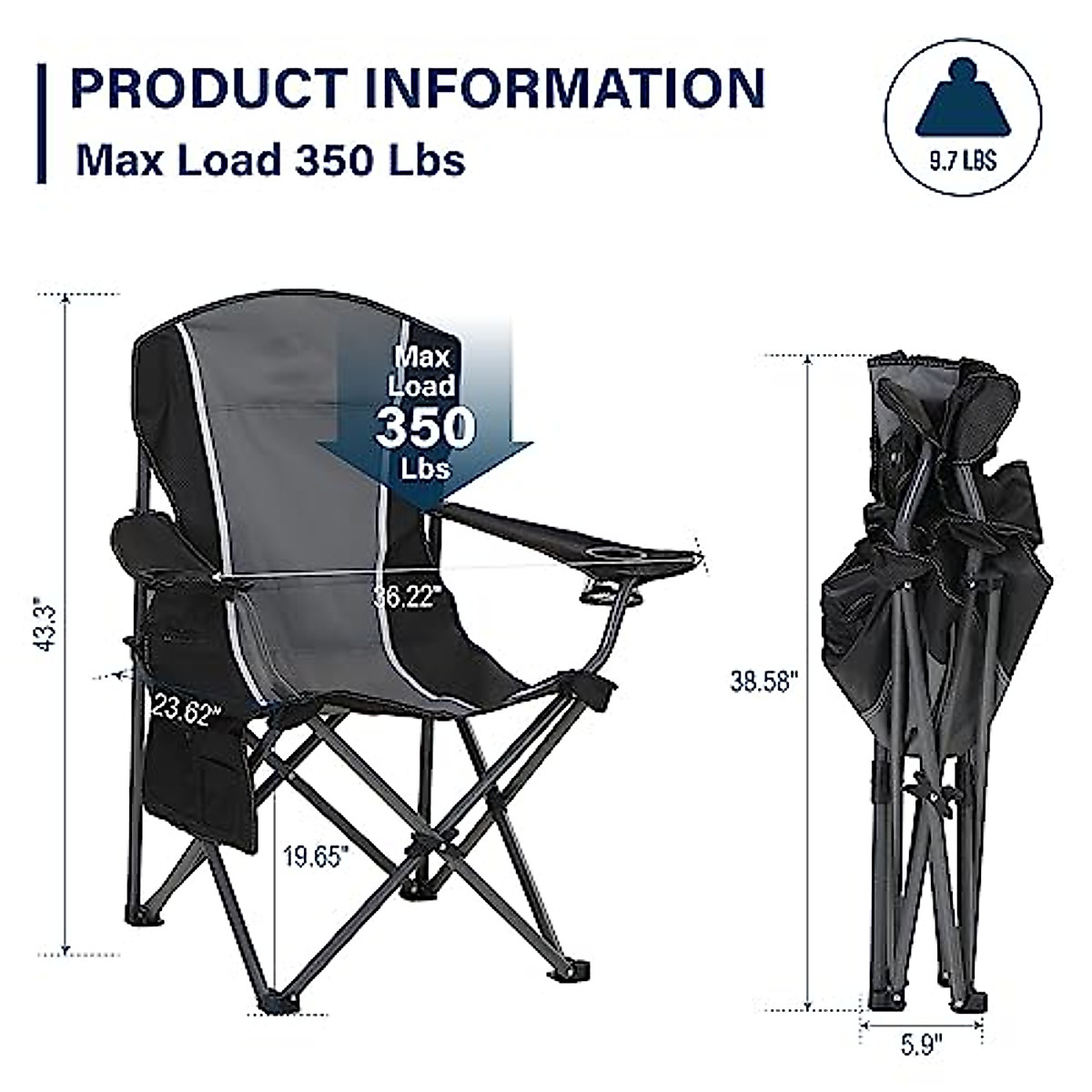 HIGH POINT SPORTS Oversized Camping Folding Chair, Heavy Duty Outdoor Chair with Armrest, Portable Lawn Chair with Cup Holder for Adults Support 350 LBS, Gray-Black