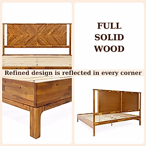 Bme Vivian 14 Inch Deluxe Bed Frame with Headboard, Rustic & Scandinavian Style with Solid Acacia Wood, No Box Spring Needed, 12 Strong Wood Slat Support, Easy Assembly, King, Rustic Golden Brown