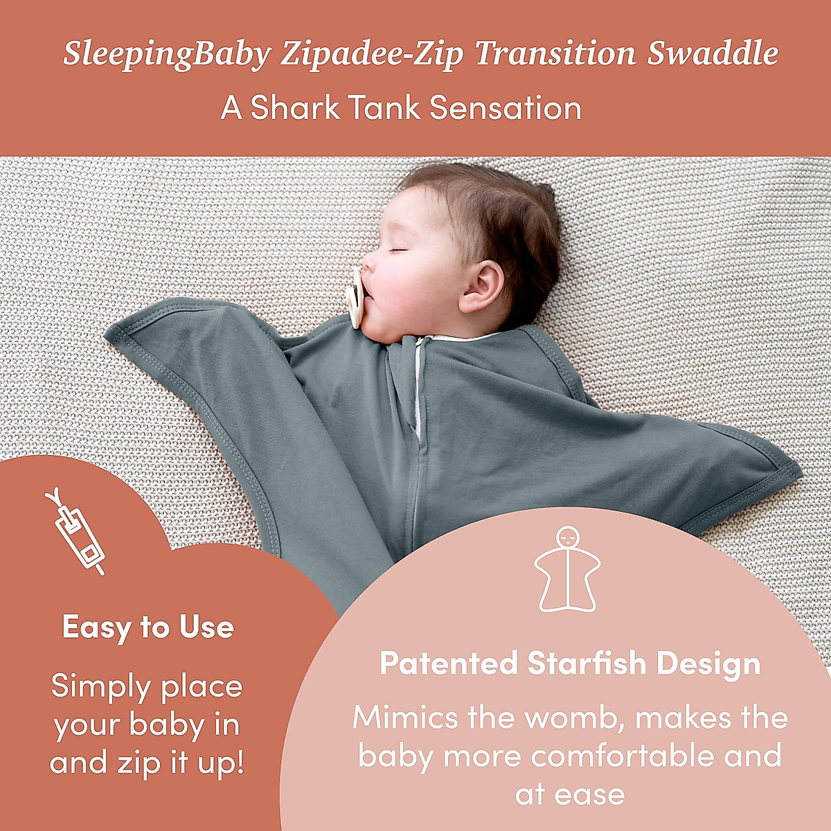 SleepingBaby Zipadee-Zip Cozy Transition Swaddle - with Zipper, Polyester, Spandex - Roomy Baby Wearable Blanket for Easy Diaper Changes - Classic Grey, Small (4-8 Month)