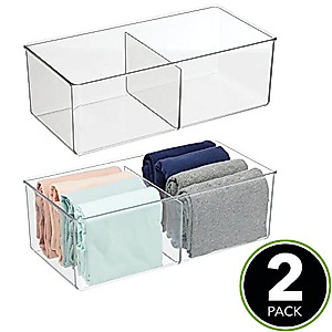 mDesign Plastic 2 Compartment Divided Drawer and Closet Storage Bin - Organizer for Scarves, Socks, Bras, and Underwear - Dress Drawer Organizer, Shelf Organization -2 Pack - Clear
