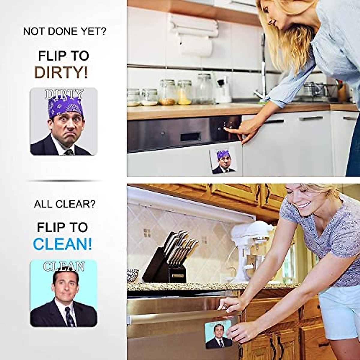 DUNGGLE Dishwasher Magnet Clean Dirty Sign Indicator, Washing Machine Magnet Double Sided Kitchen Dish Washer Refrigerator Magnet Flip with Magnetic Plate Office Michael Scott