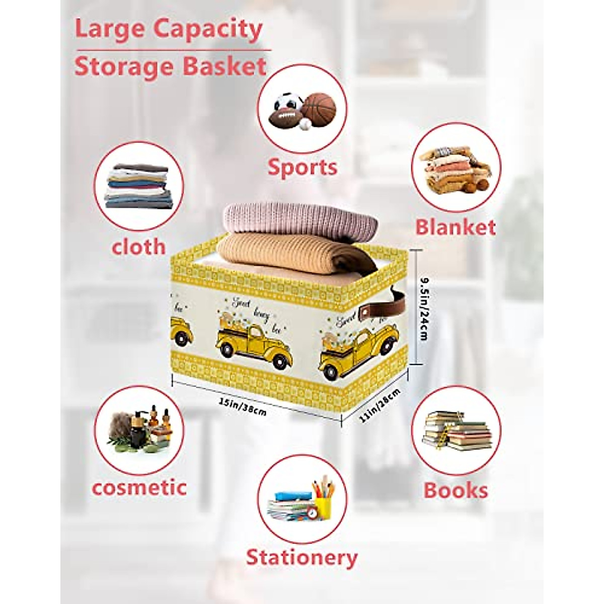 Storage Baskets for Organizing, Toy Box Chest Farm Sweet Honey Bee Truck Daisy Yellow Buffalo Plaid Foldable Cube Storage Bin with 2 Leather Handles Set of 2