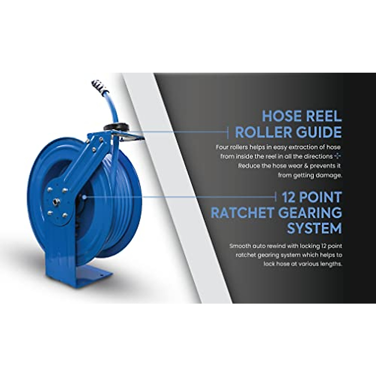 BLUSEAL BSWR5850 Retractable Hose Reel with 5/8" x 50' Hot Water Rubber Hose, 6' Lead-in, 500 PSI, Brass Fittings, Swivel Mount Hose Reel, 9 Pattern Spray Nozzle