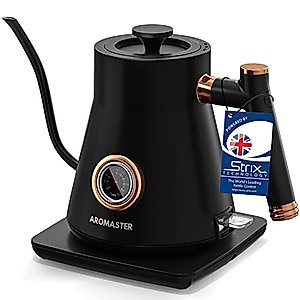 Aromaster Electric Gooseneck Kettle,Pour Over Coffee & Tea Kettle,Hot Water Kettle,1200 Watt Quick Heating 0.8L Kettle with Thermometer,100% Stainless Steel,Black