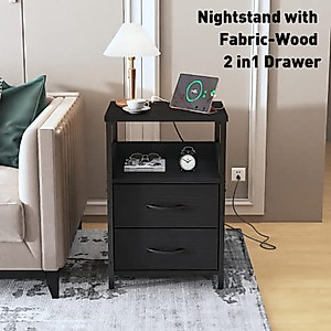 KHLJJU End Table with Charging Station, Nightstand with Fabric Drawer, Small Side Table for Small Spaces, Black Bedside Tables with USB Ports and Outlets for Living Room, Bedroom, Office