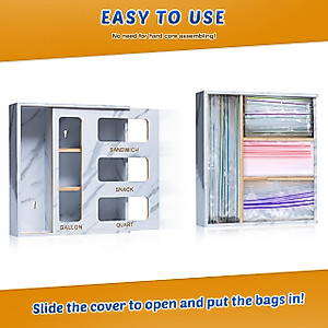 Bamboo Ziplock Bag Storage Organizer with Modern Marble Wrap Finish, Storage Holder for Plastic Food Bags, Sandwich, Quart, Snack, and Gallon Sized Slots