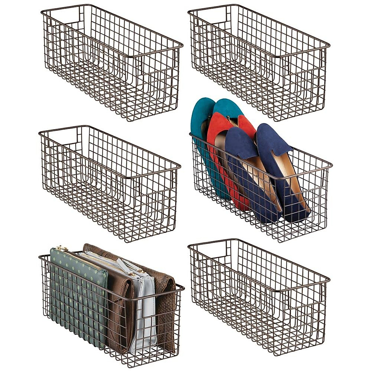 mDesign Household Metal Wire Narow Storage Organizer Bin Basket Holder with Handles - for Closets, Entryways, Mudrooms, Kitchen Pantry, Under Sink Cabinets, Bathrooms - 16" x 5" x 6" - 6 Pack - Bronze