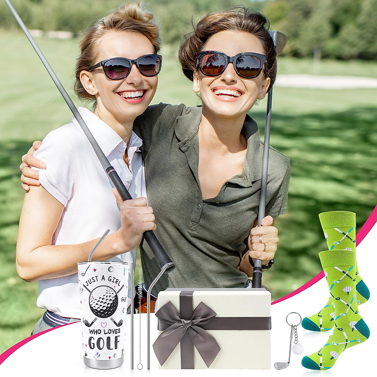 Keluna Golf Gifts for Women Golfers - 4Pcs Womens Golfing Accessories Gifts Set, 20oz Golf Tumbler Funny Golfer Socks Keychain Makeup Bag for Lady Girls Golfing Party Favors Birthday