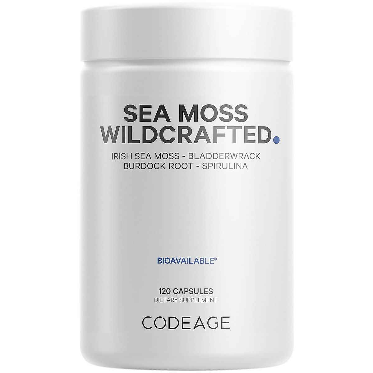 Codeage Raw Wildcrafted Irish Sea Moss Supplement, Spirulina Algae, Bladderwrack Seaweed, Burdock Root, Black Pepper, Vegan, Non-GMO, 120 Capsules