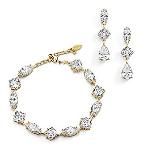 Mariell Gold Zirconia Crystal Wedding Bracelet and Earrings Set for Women, Jewelry for Bride, Bridesmaid
