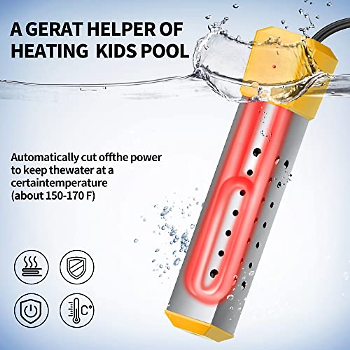 Immersion Water Heater Bucket Heater 2000W Automatic Power-Off (158 F) Portable Water Heater for Pool with Stainless Steel Guard and Digital LCD Thermometer Suitable for Non-Conductive containers
