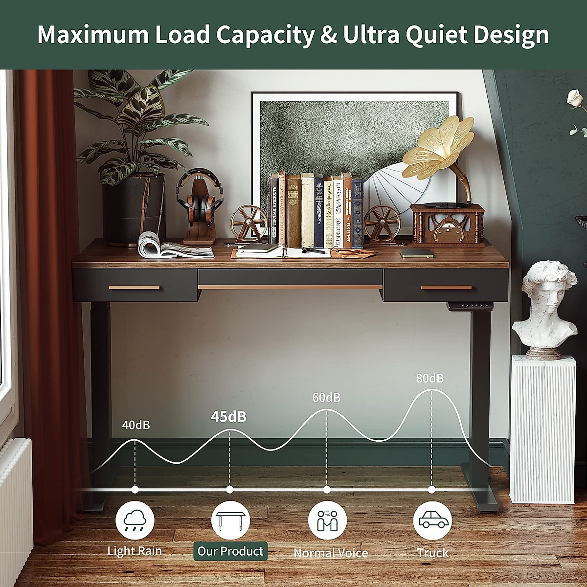 FEZIBO Mid-Century Modern Electric Standing Desk with 3 Drawers, 48 x 26 Inches Whole-Piece Sit Stand Up Home Office Desks, Vintage Top/Black Frame (2 Packages)