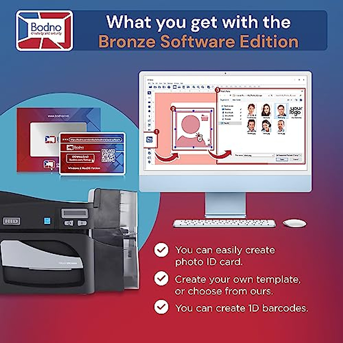 Bodno Fargo DTC4500e Dual Sided ID Card Printer & Complete Supplies Package ID Software - Bronze Edition