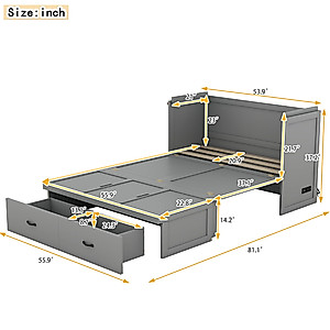 Full Size Murphy Bed and Storage Drawers and USB Port, Space-Saving Wall Bed with Storage,Murphy Bed for Living Room