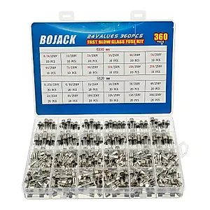 BOJACK 24 Values 360 pcs Fast-Blow Glass Fuses Assortment Kit 5x20mm 250V 0.25 0.5 1 2 3 4 5 8 10 12 15 20A 6x30mm 250V 0.5 1 2 3 4 5 6 7 8 10 15 20A amp packag in a Clear Plastic Box