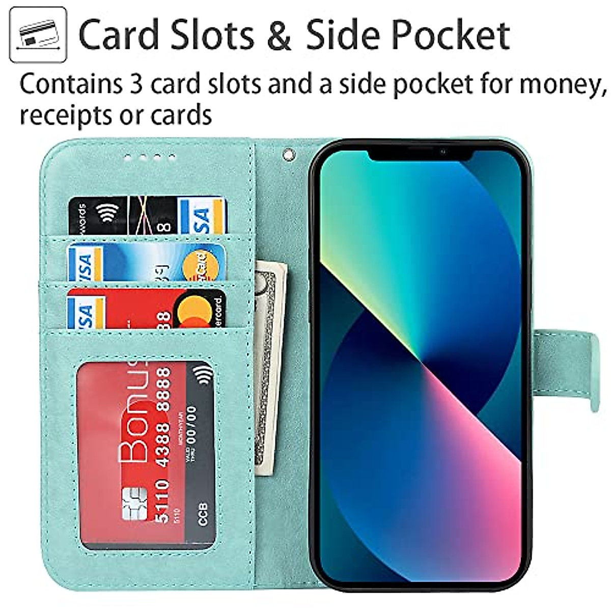 Cavor for iPhone 13 Wallet Case with Card Holder,Protective PU Leather Flip Folio Phone Case[Stand Feature] Wrist Strap [Shockproof TPU] Magnetic Closure Wallet Case-Green