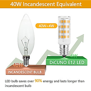 DiCUNO E12 LED Bulb 4W (40W Equivalent), Warm White 3000K Non-dimmable Candle Base Light Bulbs for Ceiling Fan, Chandelier, Indoor Decorative Lighting 6 Packages