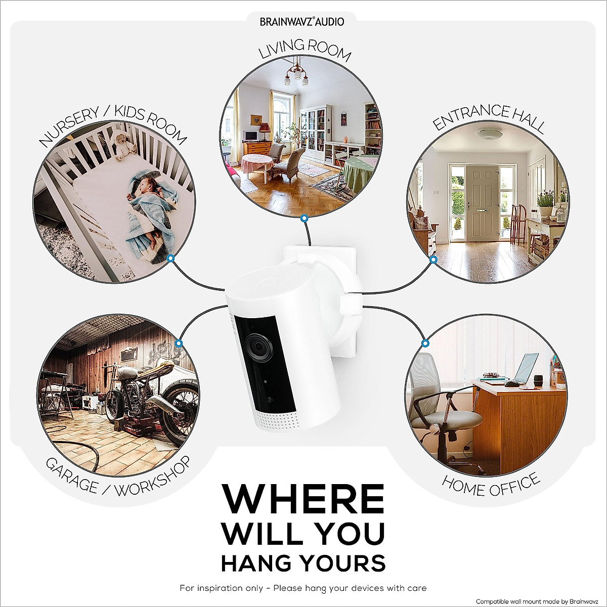 BRAINWAVZ [EOL] Screwless Wall Mount for Ring Indoor Cam, VHB Stick On - Easy to Install, No Tools Needed, No Mess, No Drilling, Strong Adhesive Mount, White [EOL]