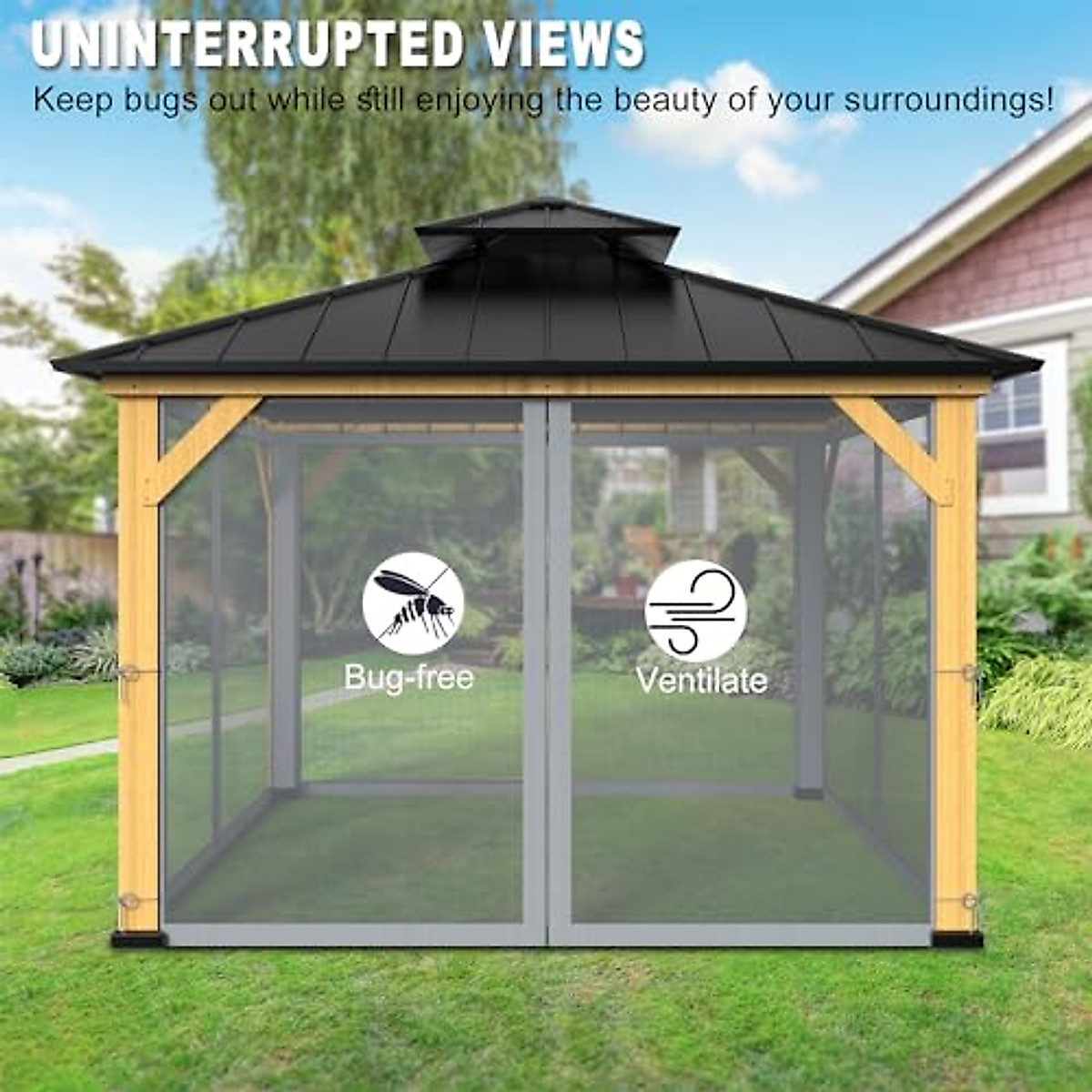 10-ft x 12-ft Gazebo Netting Replacement,Universal 4-Panel Mosquito Netting for Gazebo with Zippers(Only Netting)-Grey