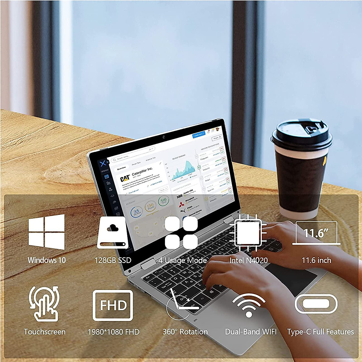 SZTPSLS 2 in 1 Windows Laptop, 11.6 inch Laptop Computer, 4GB RAM, 128GB SSD Storage, 360 Degree Convertible Tablet Intel N4020 Processor, Webcam, WiFi, Type-C, Silver