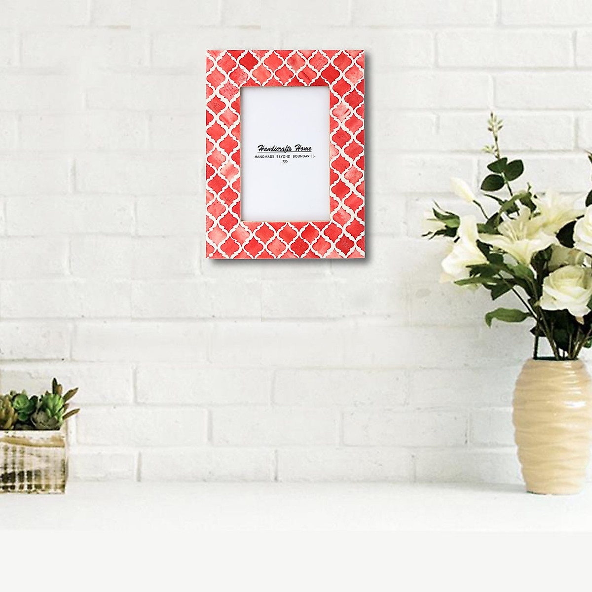 Picture Photo Frame Moorish Damask Moroccan Arts Inspired Handmade Naturals Bone Frames Size 5"x7", Red