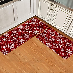 Briskdecor Kitchen Rugs - Winter Christmas Snowflake Red Cushioned Anti Fatigue Comfort Standing Kitchen Rugs for Floors, Non-Skid Waterproof Kitchen Mat, 20"x24"+20"x48"