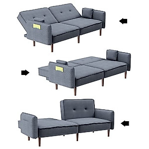 WILLIAMSPACE Futon Sofa Bed, Convertible Sleeper Sofa with Magazine Bag, Small Splitback Sofa with Tapered Solid Wood Leg, Padded Seat and Back, Loveseat Couch for Living Room, Grey Fabric
