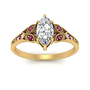 Jewelryonclick Split Band Antique Engagement Ring Yellow Gold Plated Created Pink Sapphire Marquise Shape Pink Color Side Stone Engagement Rings Pave Setting in Size 13.5 Birthstone