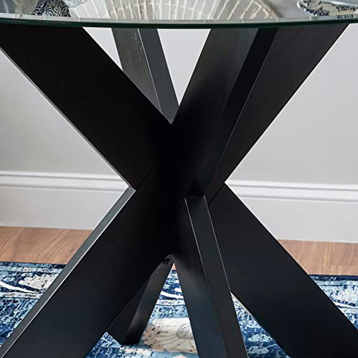 Powell Black Wood Modern Round Glass Top Parnell X Base Dining Table