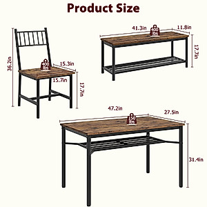 IDEALHOUSE Dining Table Set for 4, Kitchen Table and 2 Chairs with Storage Bench, 47.2" Rectangular Kitchen Table Set with Wine Rack, Dining Room Table Set for Small Space, Apartment, Rustic Brown