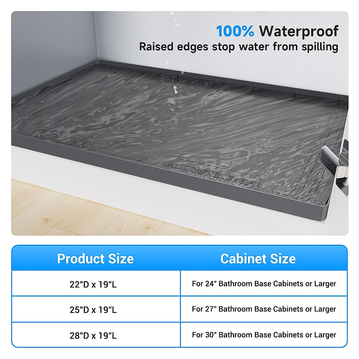 Under Sink Mat, 28'' x 22'' Silicone Under Sink Liner, Waterproof Shelf Liner with Drain Hole, Kitchen Bathroom Cabinet Mats (Grey)