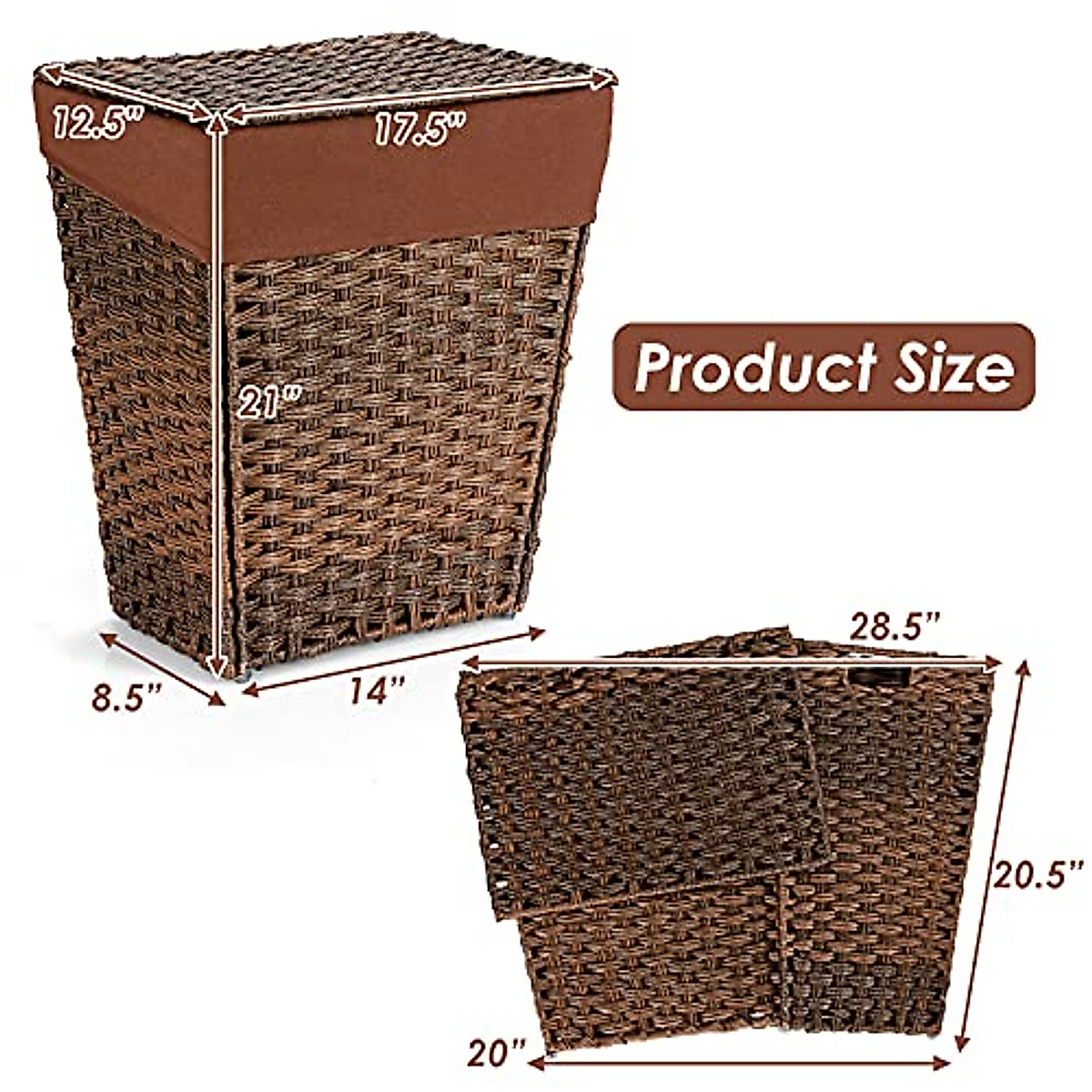 Giantex Laundry Hamper with Lid, Foldable Laundry Basket w/Removable Liner Bag, Handwoven Rattan Clothes Hamper w/Handles Anti-skid Pads for Living Room Laundry (Brown)