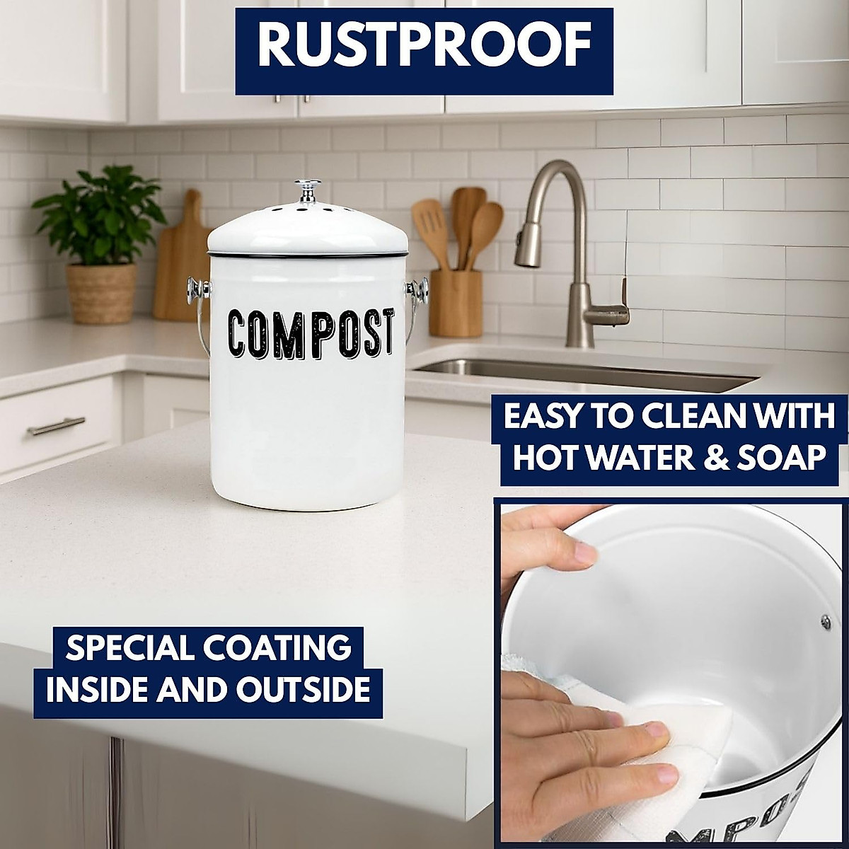 Granrosi Compost Bin Kitchen, Kitchen Compost Bin Countertop, Indoor Compost Bin, Countertop Compost Bin with Lid, 100% Rust Proof Compost Bucket w/ Non-Smell Charcoal Filters, 1.3 Gallon - White