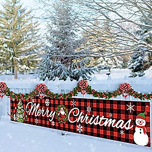 Large Merry Christmas Banner, Red Buffalo Plaid Xmas Sign with Snowman Xmas Tree Pattern for Christmas Party, Outdoor Indoor Decoration, 9.8 x 1.6 Feet (Buffalo Plaid)