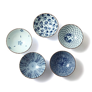 Mino Ware Japanese Pottery Set - Traditional Japanese Rice Bowls - Blue and White Asian Bowls - Hand Painted Bowls - Premium Japanese Ceramic - 5 pieces Japanese Soup Bowl Set
