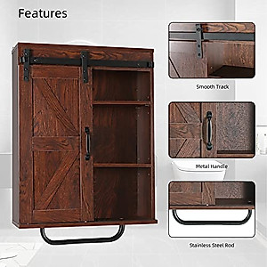 LUCKWIND Bathroom Farmhouse Medicine Cabinet with Sliding Barn Door, Retro Rustic Brown Wall Mounted Bathroom Cabinet w/Removable Towel Bar,Spaces Saving Storage Cabinet for Bathroom,Kitchen,Entryway