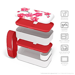 monbento - Bento Box MB Original Blossom with Compartments - 2 Tier Leakproof Lunch Box for Work and Meal Prep - BPA Free - Food Grade Safe - Japanese Flowers - Red & White