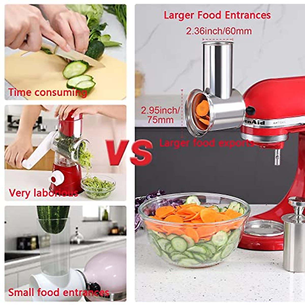 Stainless Steel Slicer Shredder Attachments for KitchenAid Stand Mixers, Dishwasher Safe, Large Vegetable Cheese Grater Slicer Accessories with 3 Blades by Rafbar