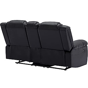 PU Leather Double Reclining Sofa with Center Console, Upholstery Manual Recliner Loveseat Couch w/Easy Pull Handles and Adjustable Footrest, 2-Seater Sofa & Couch for Home Theater Seating