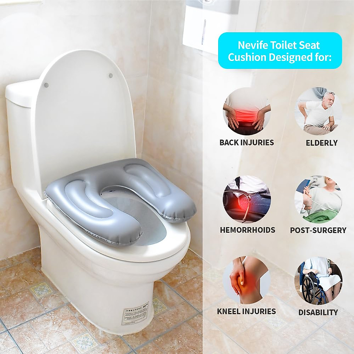 Nevife Raised Donut Pillow,Inflatable Toilet Seat Cushion,Height Adjustable Toilet Seat, PVC Commode Support Cushion for Adults,Seniors,Elderly, Disabled,Tailbone Pain Relief (Grey)