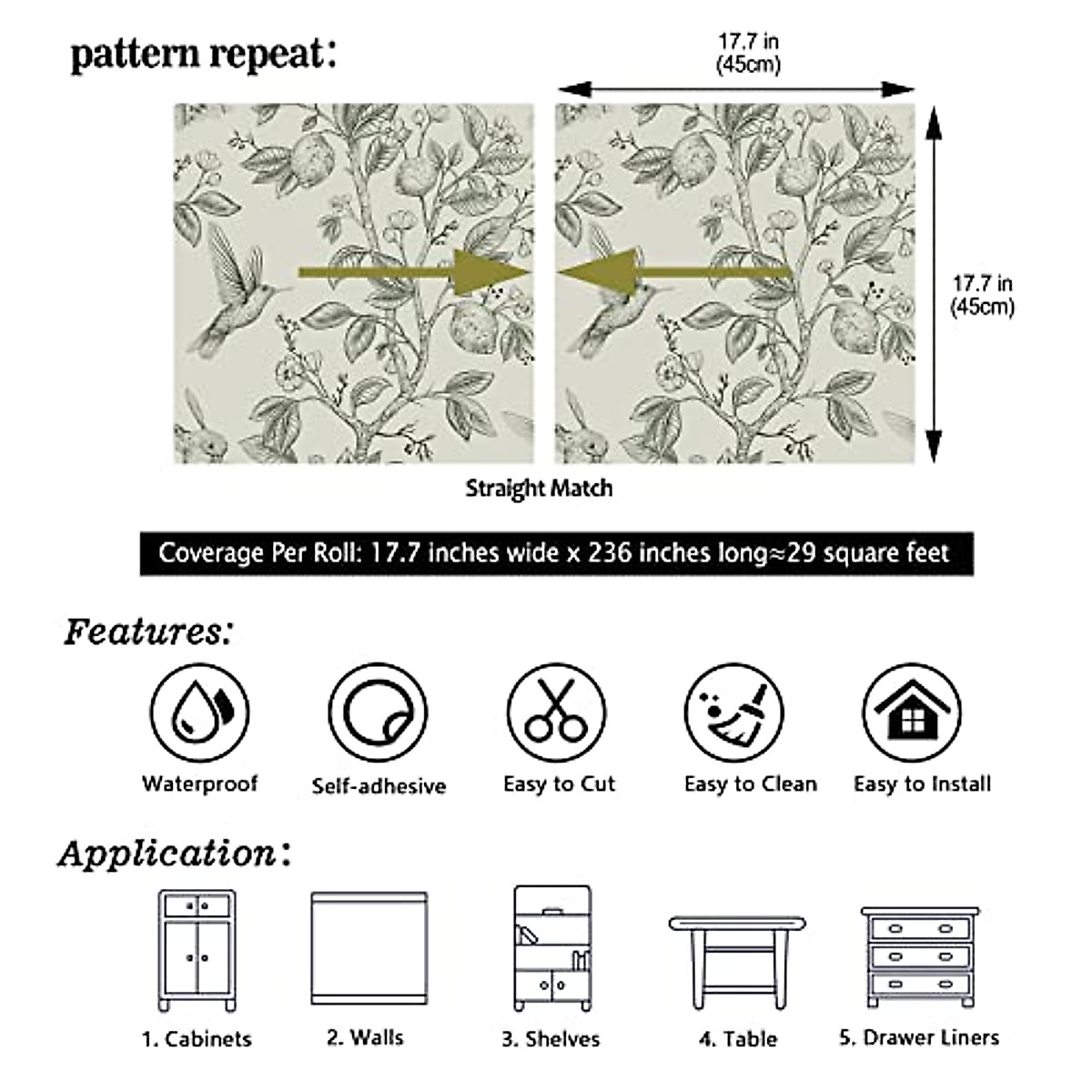 CHIHUT 17.7 inch × 236 inch Green Floral Peel and Stick Wallpaper Birds Self Adhesive Removable Wallpaper Waterproof Lemon Tree Floral Leaf Wall Decals Vinyl Prepasted for Bathroom Nursery Wall Decor