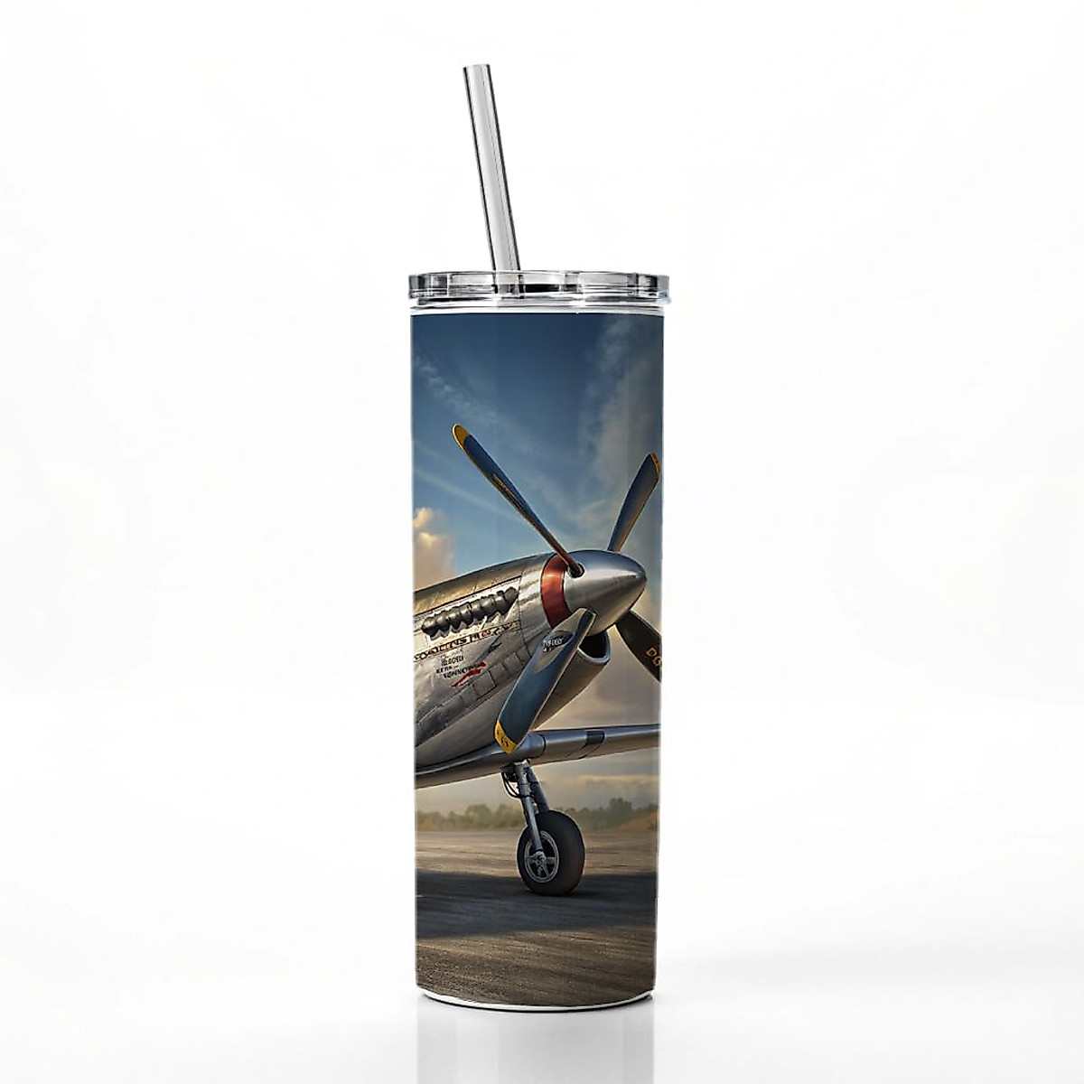 P-51 Mustang WWII US Fighter Plane Skinny Tumbler 20oz with Straw Insulated Water Bottle Gift