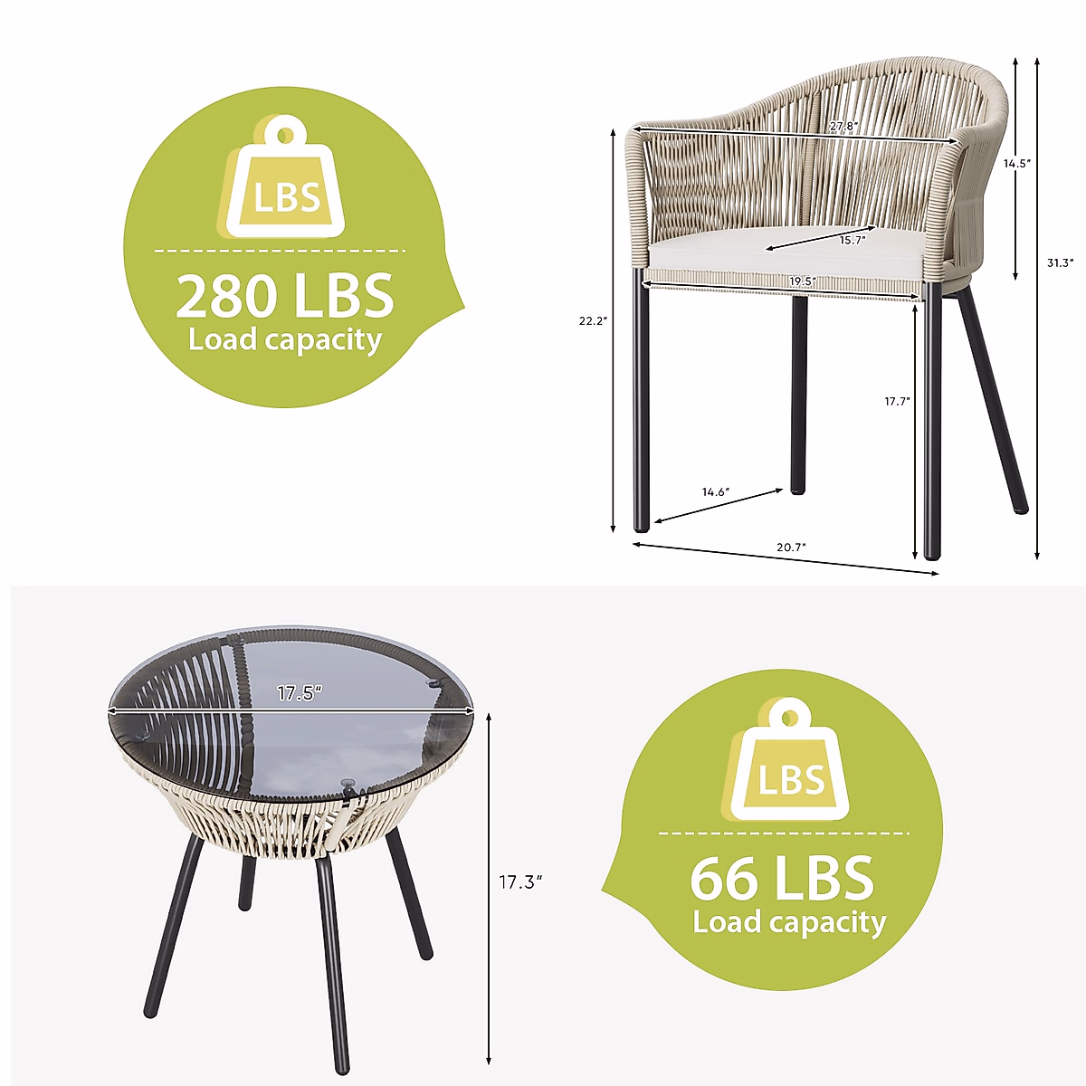 Flamaker 3 Piece Patio Set Outdoor Wicker Patio Chairs with Coffee Table & Cushions Bistro Conversation Set Porch Furniture for Balcony, Deck, Backyard