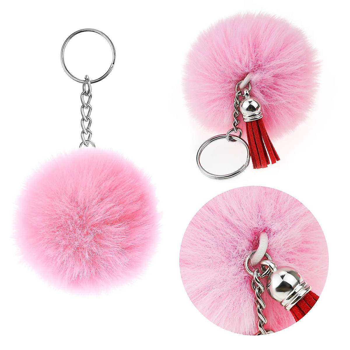 Tongcloud 150pcs Faux Fur Pom Poms Keychains Pom Poms Keychains with Tassels Keyrings