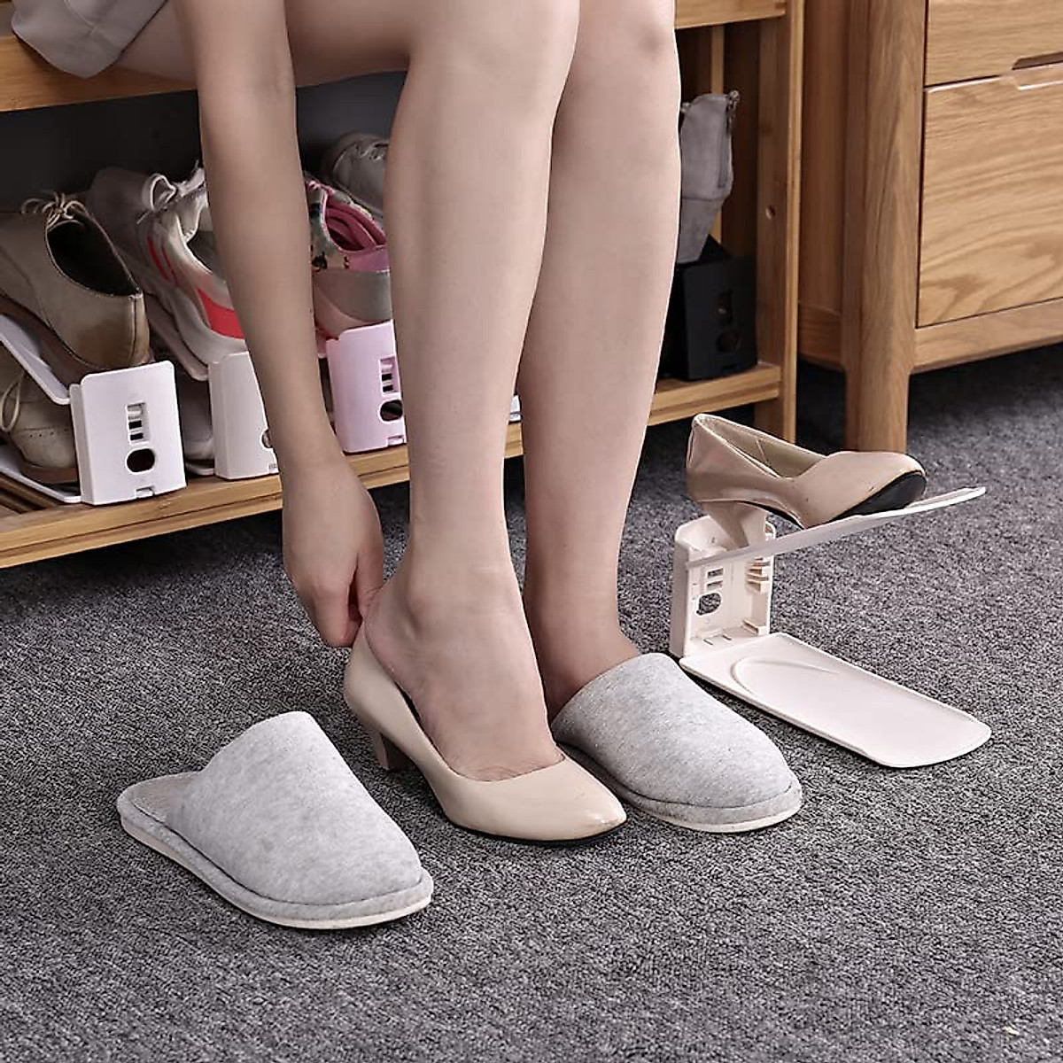 Yagizaai Bayou Shoe Slots, 8 PCS Shoes Slots Organizer, 3-Level Adjustable Shoe Stacker, Upgraded Shoe Space Saver, 50% Space-Saving Shoe Holders(Apricot)