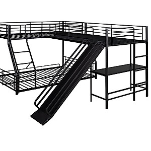 Triple Bunk Beds, L-Shape Twin Over Full Bunk Bed Attached a Loft Bed with Desk, Triple Bunk Beds with Slide, Metal Corner Bunk Bed Frame for Three Kids Boys Girls Teens, Black